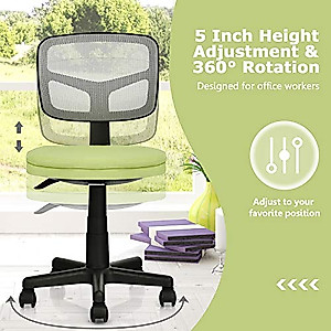 Giantex Armless Desk Chair, Low-Back Computer Chair Ergonomic Small Task Chair with Adjustable Height, Y-Shaped Support for Adults Teens Kids, 360° Swivel Office Chair (Green)