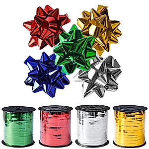 JOYIN Christmas Ribbons Set 4 Rolls of Curling Ribbons with 30 Pcs Bows for Hair Ribbon, Gift Wrapping Ribbon, DIY Ribbon for Crafts
