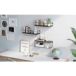 upsimples Bathroom Shelves with Storage Basket, Wall Shelves Over Toilet with Towel Bar and Paper Holder, Farmhouse Wood Floating Shelf for Bedroom, Living Room, Kitchen, Office, Dark Brown Set of 3