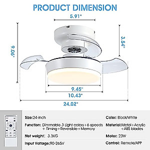 MADSHNE Low Profile Ceiling Fan with Lights, 24" Small Retractable Blades Ceiling Fans with Remote, Modern Flush Mount Fandelier Ceiling Fans with Dimmable LED Lighting,Reversible (White)