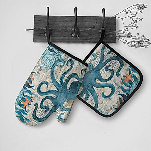 Abucaky Blue Octopus Nautical Map Oven Mitts and Pot Holders Insulated Gloves & Kitchen Counter Safe Mats for Cooking BBQ Baking Grilling (2-Piece Set)