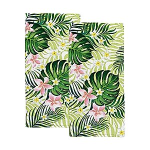 BVOGOS Bath Hand Kitchen Towels Tropical Flowers Palm Leaves Green Face Towel Washcloth 2 Pack Soft Quick Dry Super Absorbent Bathroom