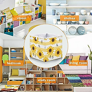 ALAZA Collapsible Storage Cubes Organizer,Sunflower Bee Cartoons White Yellow Stripe Storage Containers Closet Shelf Organizer with Handles for Home Office