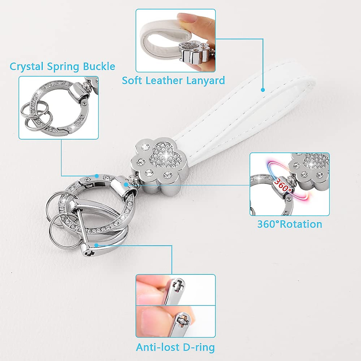 UHONSN Bling Leather Car Keychain Cute Cat Paw Keychains for Women Girl Anti-Lost Car Key Fob Key Chain Holder for Men Sparkly Rhinestones Zinc Alloy Keyrings White