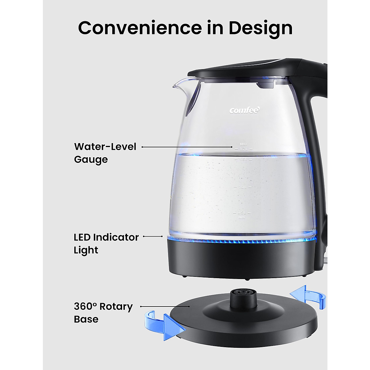 COMFEE' Electric Kettle, 1.7L Hot Water Boiler, 1500W Fast Boil, Glass Electric Tea Kettle with LED Indicator, Auto Shut-Off and Boil-Dry Protection, BPA Free