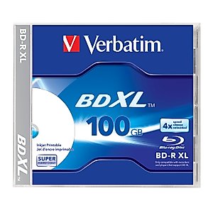 Verbatim BDXL 100GB 4X White Inkjet Printable, Hub Printable - 1pk Jewel Case, 43790