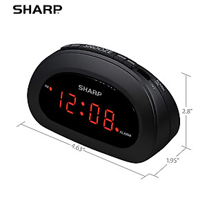 SHARP Small Digital Alarm Clock with Snooze and Battery Backup, Easy to Use Top Button Controls for Simple Use, Black Case with Red Easy to Read LED Display
