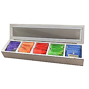 24 Inch Handcrafted Shabby Chic white Wooden Tea Box, Clear Tea Bag Organizer Storage with Lid, 5 Compartments, Rustic Storage Boxes Decorative Small, Wood Desk Organizer, Coffee Condiment Divided Box
