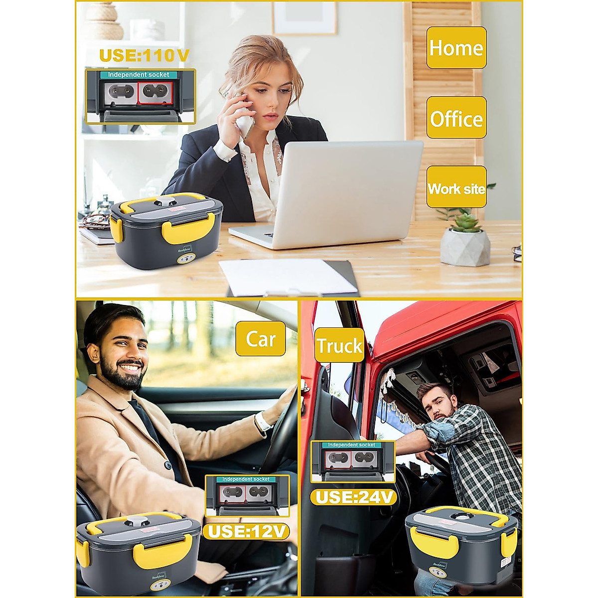 Buddew Electric Lunch Box 80W Food Heater for Adults, 12/24/110V Portable Lunch Warmer Upgraded Heated Lunch Box for Car/Truck/Office with SS Fork&Spoon and Insulated Carry Bag(Yellow)