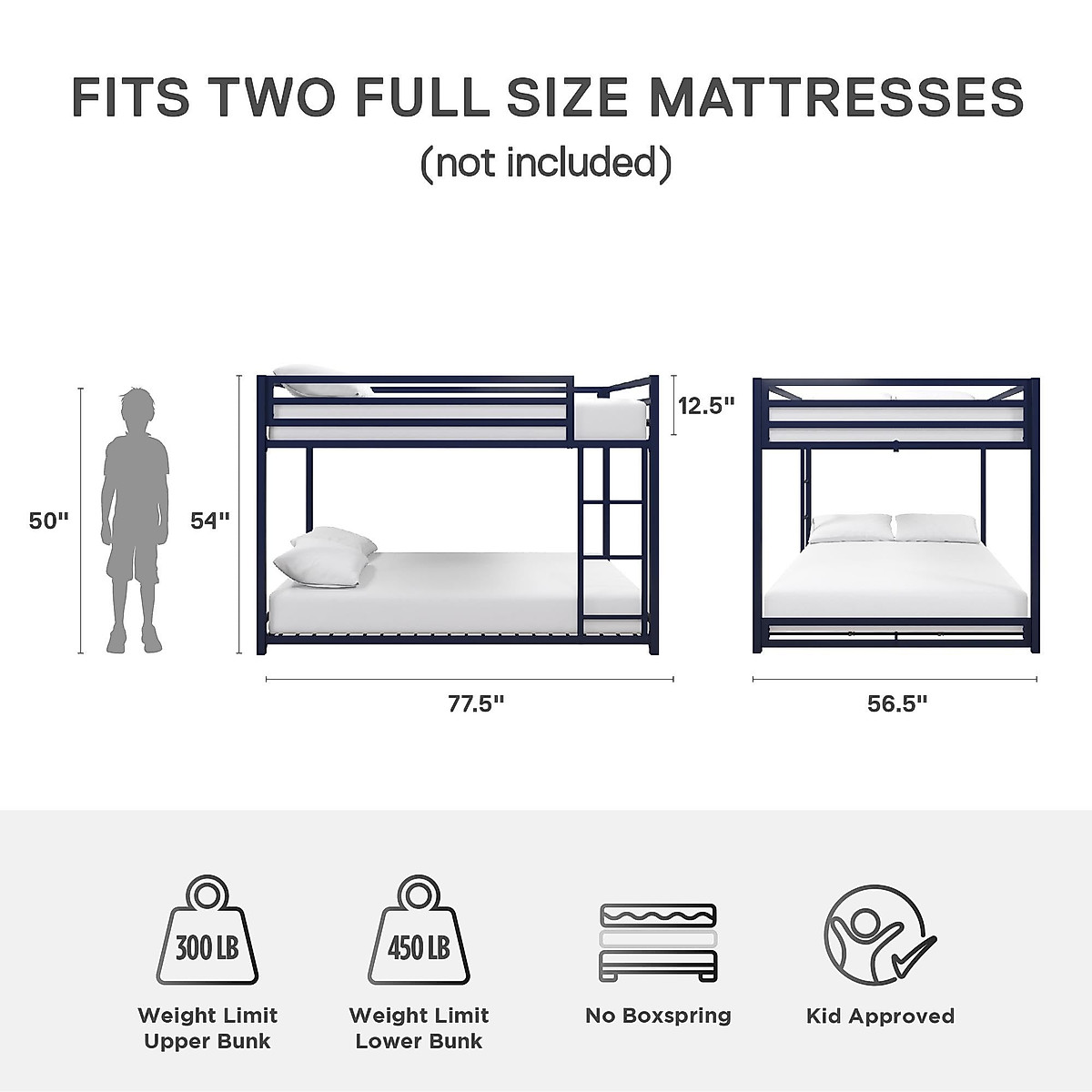 DHP Miles Low Metal Bunk Bed Frame for Kids, With Built-in Ladder, High Guardrail and Metal Slats, Floor Bed Bottom Bunk, No Boxspring Required, For Small Spaces, Full-Over-Full, Blue