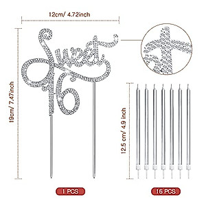 Canlierr 24 Pieces Sweet 16 Birthday Decorations for Girls Cake Toppers Candles 16th Crown Tiara Sash Sixteen Gifts Party Favor Supplies (Silver) (UA1152)