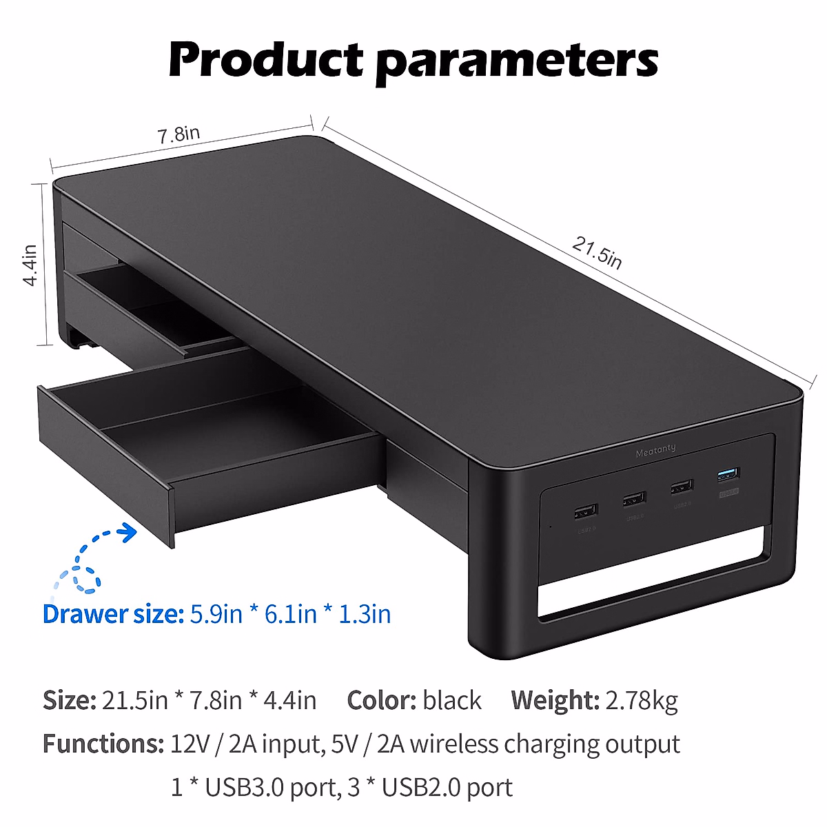 meatanty 2 in 1 Monitor Stand Riser with 2 Storage Drawers and 4 USB Ports, Metal Computer Monitor Stand Supports Transfer Data and Charging, Desk Organizer for PC,Laptop,iMac (21 inches)