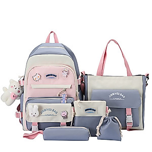 YJMKOI Kawaii Backpack Set for Girls, 5PCS Aesthetic Backpack for Teen Girls, Girls Backpack for School With Cute Pins (Blue)