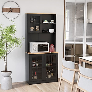 LOKO 72" Kitchen Hutch Storage Cabinet, Freestanding Pantry Buffet Cabinet with Glass Doors, Open & Closed Storage, 3-Position Adjustable Shelves, Tall Cupboard Storage Cabinet (Black)