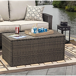 D&F Design Jackson Indoor & Outdoor PE Wicker Coffee Table with Storage, Patio Resin Rattan for Furniture Covers, Pillow, Toys and Gardening Tools Grey (Brownish Grey)