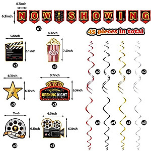 45 Pieces Movie Night Decorations Party Decorations Kit Now Showing Banner Hanging Swirls Movie Theater Themed for Bridal Shower Birthday Party Supplies Film Backdrop