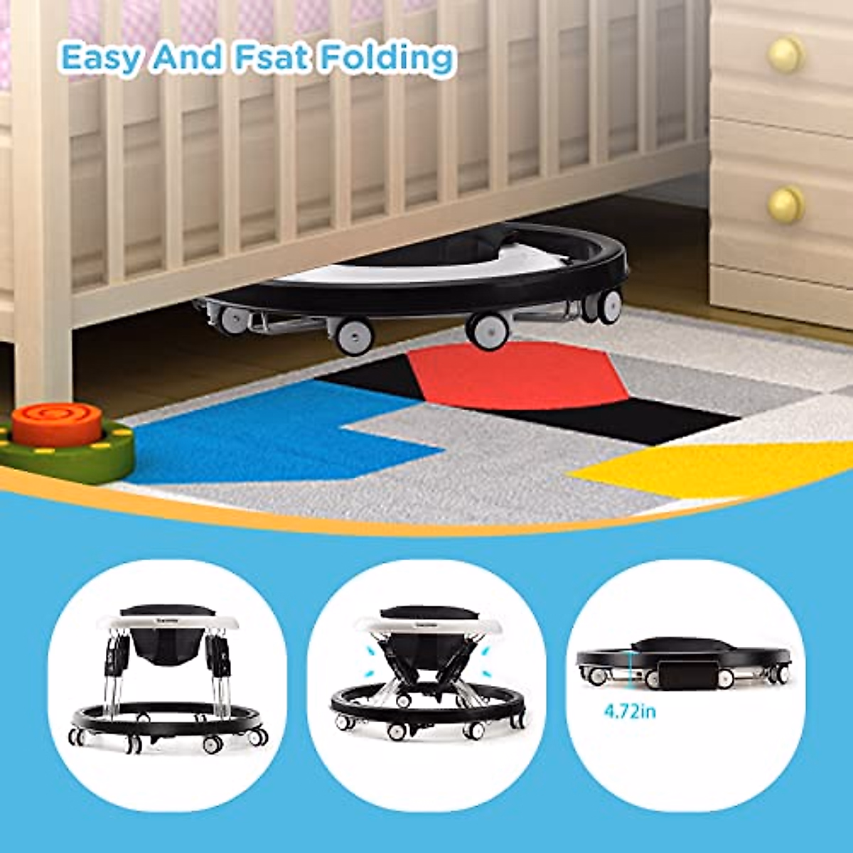 Uuoeebb One-Touch Folding Baby Walker, Anti-Roll 8-Wheel Round Chassis, 5-Speed Height Adjustment, with Large Dinner Plate and Brake. 6-18 Months Baby Walker.