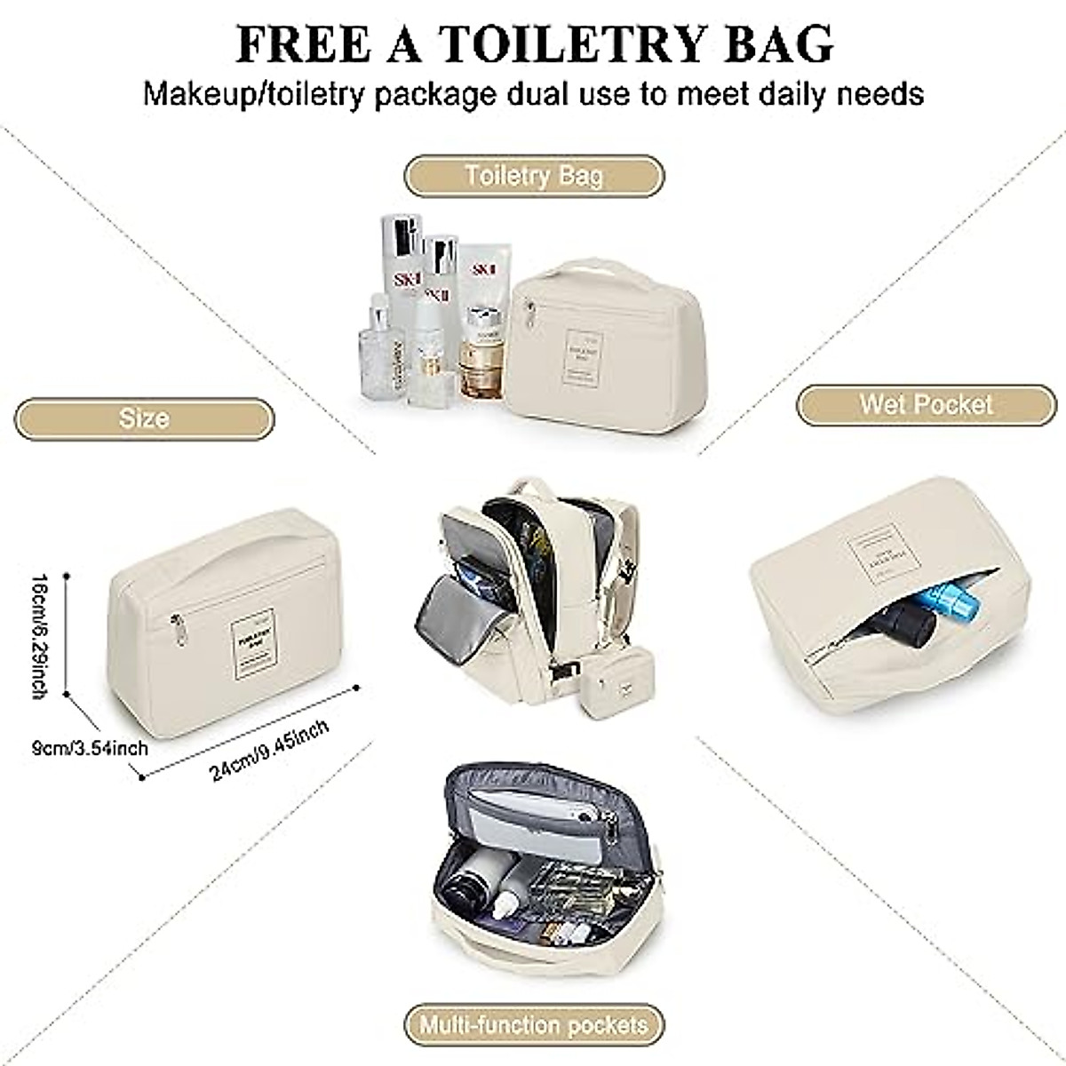 winspansy Carry on Backpack,Travel Backpack for Women Men Airline Approved Personal Item Size Hiking Gym Backpack Weekender Casual Daypack Backpack Waterproof Bag with Shoe Compartment, Beige