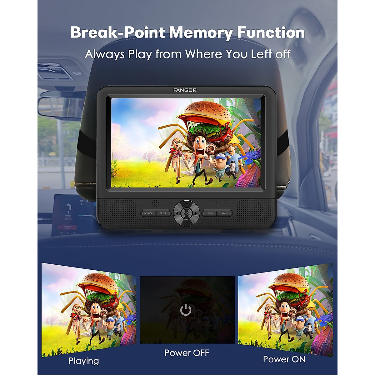 FANGOR 7.5" Dual Portable DVD Player for Car, Car DVD Player Dual Screen Play a Same or Two Different Movies with Headrest Strap, Regions Free, Support Last Memory, AV Out & in, USB/SD Card
