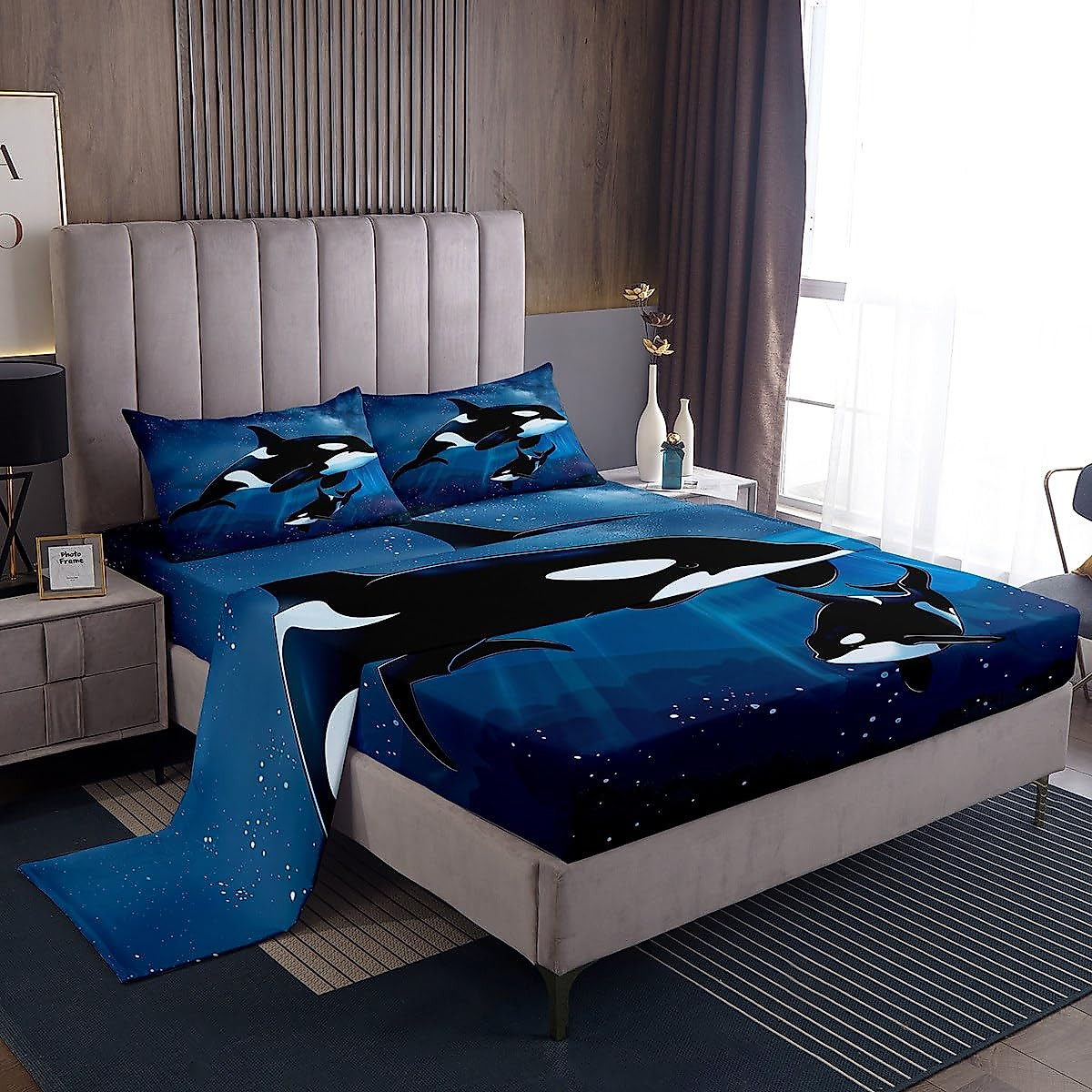 Erosebridal Killer Whale Bed Sheets for Kids Ocean Animal Full Size Sheet Sets, Psychedelic Galaxy Sheets Starry Sky Bedding Sheets & Pillowcases, Black and White Fish Flat Sheet Navy Sea Theme Decor