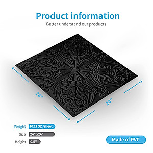 Art3d Decorative Ceiling Tile 2x2 Glue up, Lay in Ceiling Tile 24x24 Pack of 12pcs Spanish Floral in Black