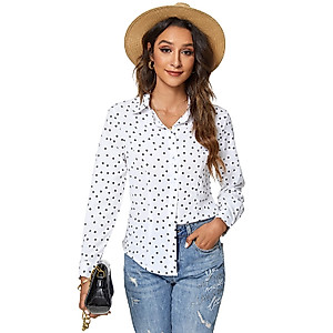 Atnlewhi Women Basic Long Sleeve Button Down Shirts Simple Pullover, Polka Dot/White, M