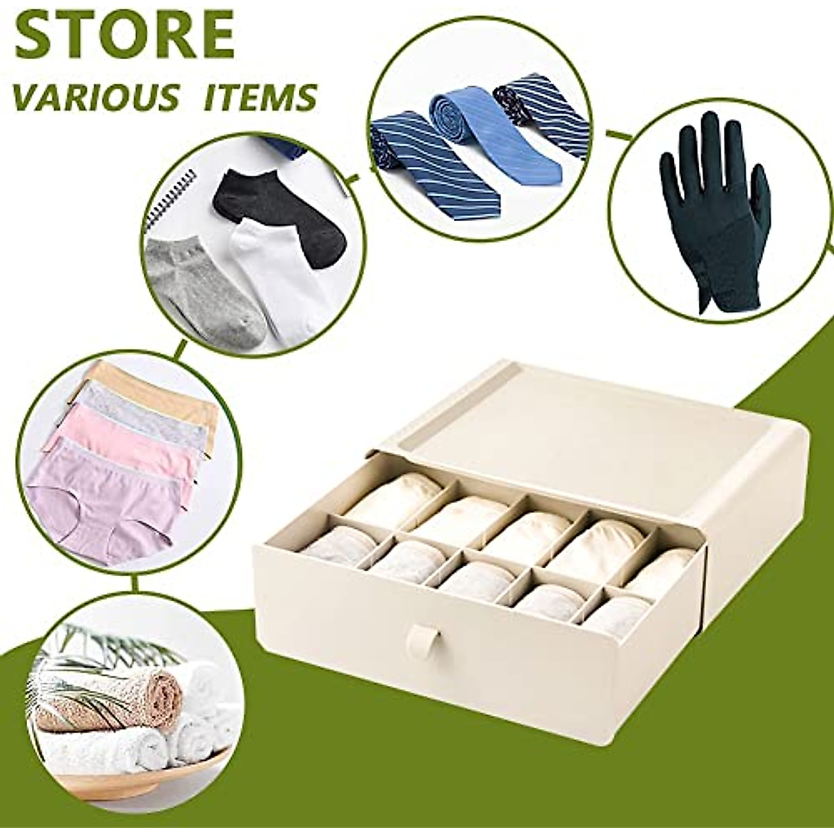 Tynulox Sock Underwear Organizer Dividers | 15 Cell Stackable Plastic Closet Drawer | White Storage Bin for Bra, Socks, Ties, Cable, Decor