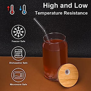 Drinking Glasses with Bamboo Lids and Glass Straw-16oz Can Shaped Glass Cups,Beer Glasses,Iced Coffee Glasses,Ideal for Cocktail,Whiske,Soda,Bubble Tea,Juicing, Smoothies(12pcs Set+2 Cleaning Brushes