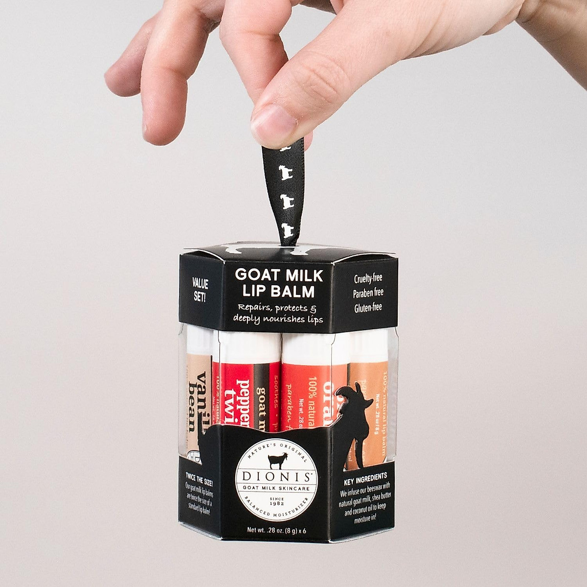 Dionis Goat Milk 6 Pc Lip Balm Ornament - Vanilla, Coconut, Milk & Honey, Berry, Peppermint & Blood Orange Scented Chapstick - Shea Butter & Coconut Oil, Protect & Restore Lips 0.28oz