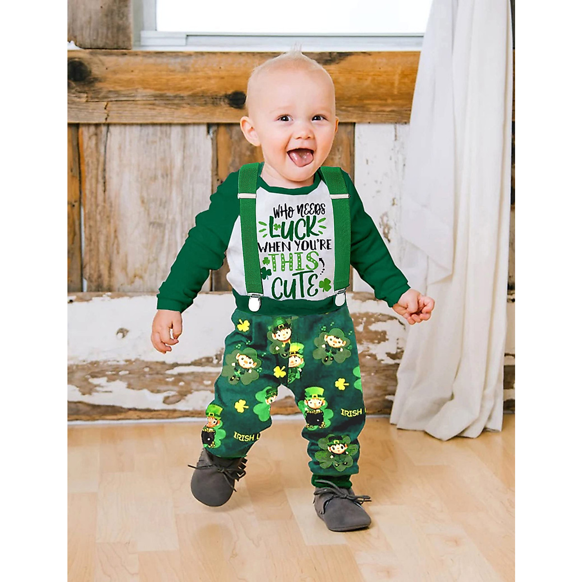 Queenstyle St Patricks Day Baby Boy Outfitt 3-6 Months My First St Patricks Day Baby Boy Outfit Romper Suspender Pants Print Hat 3Pcs Set