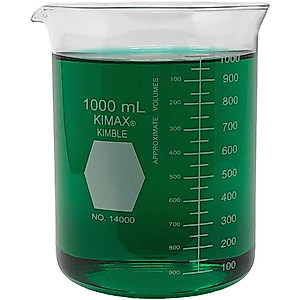 Kimble KIMAX 14000-1000, 1000ml Low Form Griffin Glass Beaker, Double Scale, Graduated (Single)