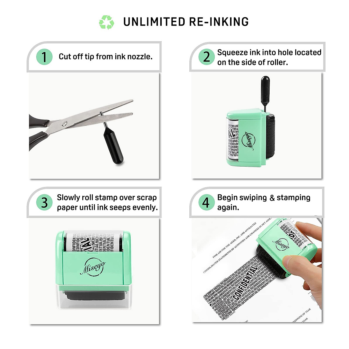 Miseyo Wide Roller Stamp Identity Theft Stamp 1.5 Inch Perfect for Privacy Protection,Anti-Theft Security Confidential Easy for Guard Personal Information Blockout - 3Pack Set (Mint Green)