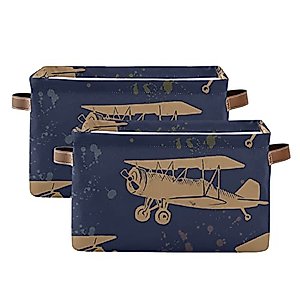 susiyo Large Foldable Storage Bin Vintage Airplanes Fabric Storage Baskets Collapsible Decorative Baskets Organizing Basket Bin with PU Handles for Shelves Home Closet Bedroom Living Room-2Pack