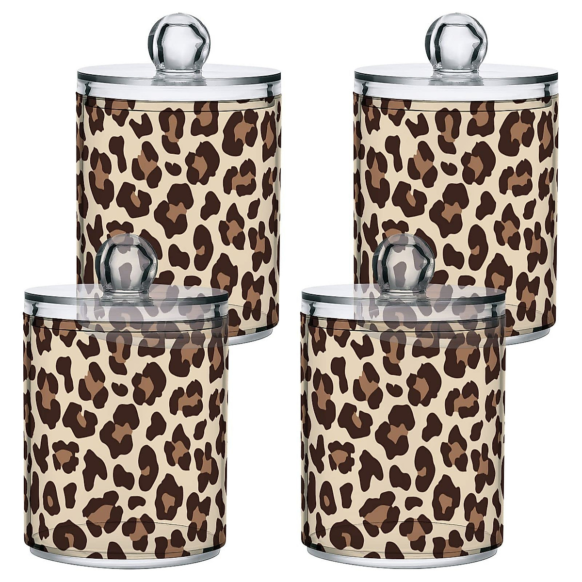 ALAZA 4 Pack Qtip Holder Dispenser Leopard Print Cheetah Cotton Ball Cotton Swab Cotton Round Pads Floss Clear Bathroom Storage Containers Plastic Apothecary Jars with Lids