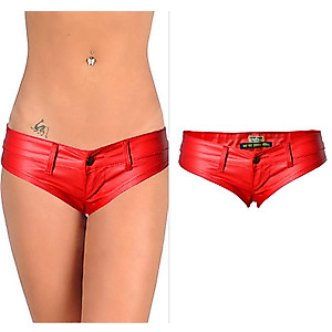 Faringoto Red Girls Low Rise Stretch PU Coated Faux Leather Button Zip Hot Pants