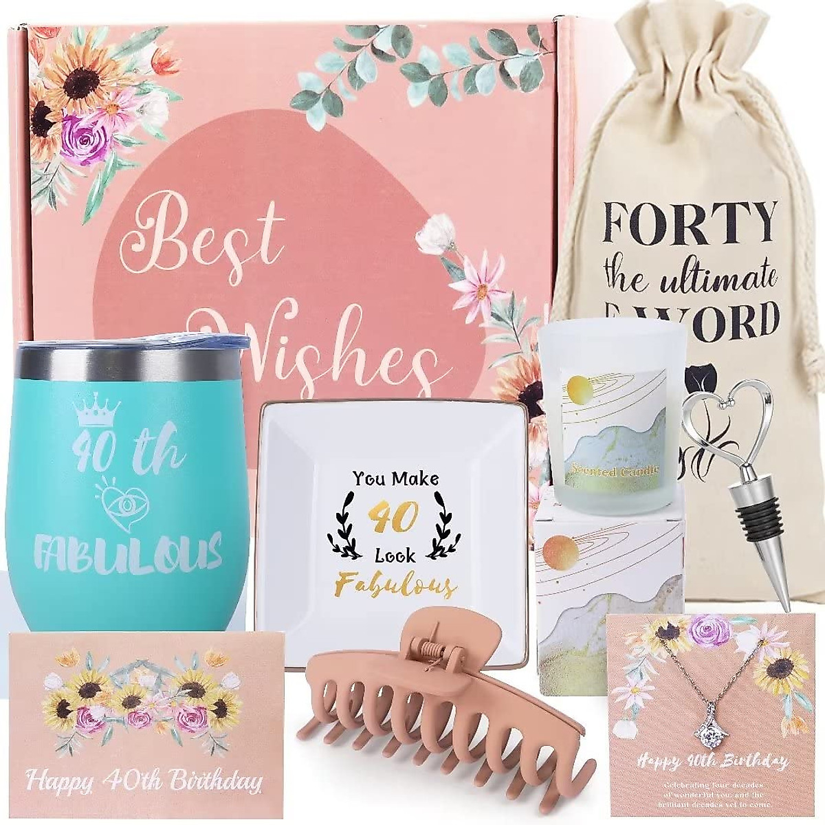 Vakuny 40th Birthday Gifts for Women - 40 Years Old Birthday Gifts Box Ideas for Mom Sister Her - 1982 Happy Birthday Gift Baskets Wine Glass Candles Necklaces