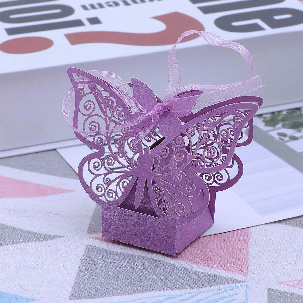 JANOU 24pcs Butterfly Candy Boxes Laser Cut DIY Paper Box with Ribbons for Wedding Bridal Birthday Baby Shower Party Suppliers (Purple)