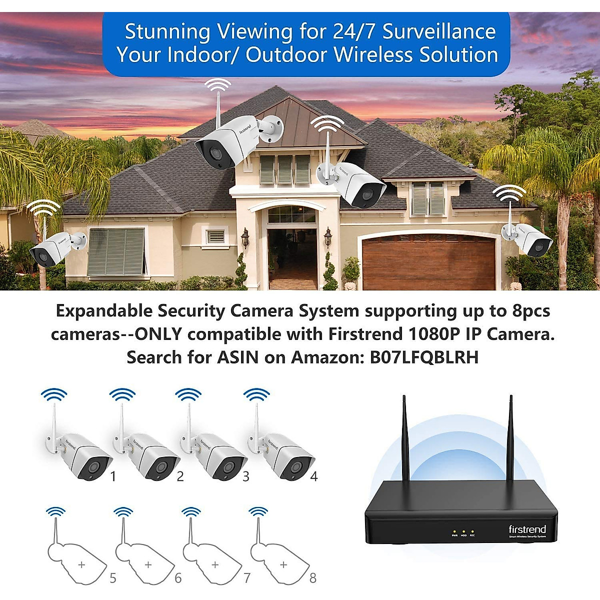 Security Camera System Wireless,Firstrend 1080P 8CH Wireless Home Security Systems with 4pcs 2MP Full HD Cameras 1TB HDD Night Vision Motion Detection Free App for Indoor Outdoor Video Surveillance