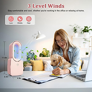 CONBOLA Small Tower Fan, 11.8 Inch Personal Portable Fan Rechargeable, USB Quiet Bladeless Desk Fan with 3 Speeds, Battery Operated Fan with Decorative LED for Office Bedroom Outdoor Table Home(Pink)