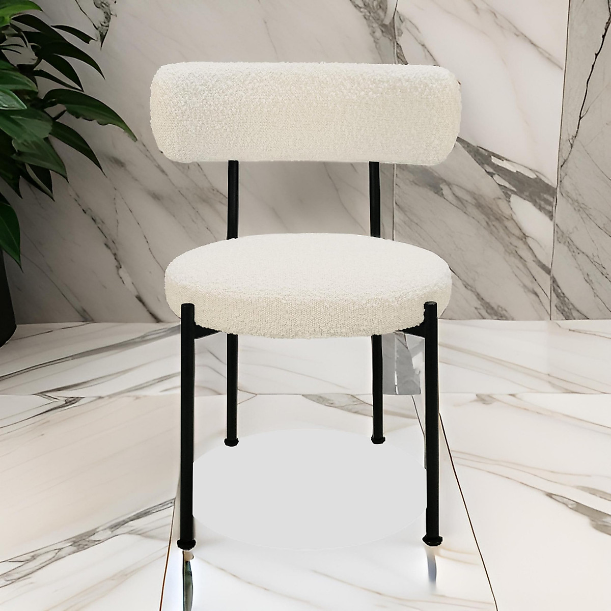 Benjara Aeon 22 Inch Set of 2 Dining Chairs, Metal Frame, Boucle, Off White and Black