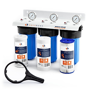 Aquaboon 3-Stage Whole House Water Filter System w/Wrench, Iron White Coated Bracket & Pressure Gauges & Release Buttons (1" Port) - w/10"x 4,5" СTO & PP Polypropylene & Pleated Sediment Water Filters