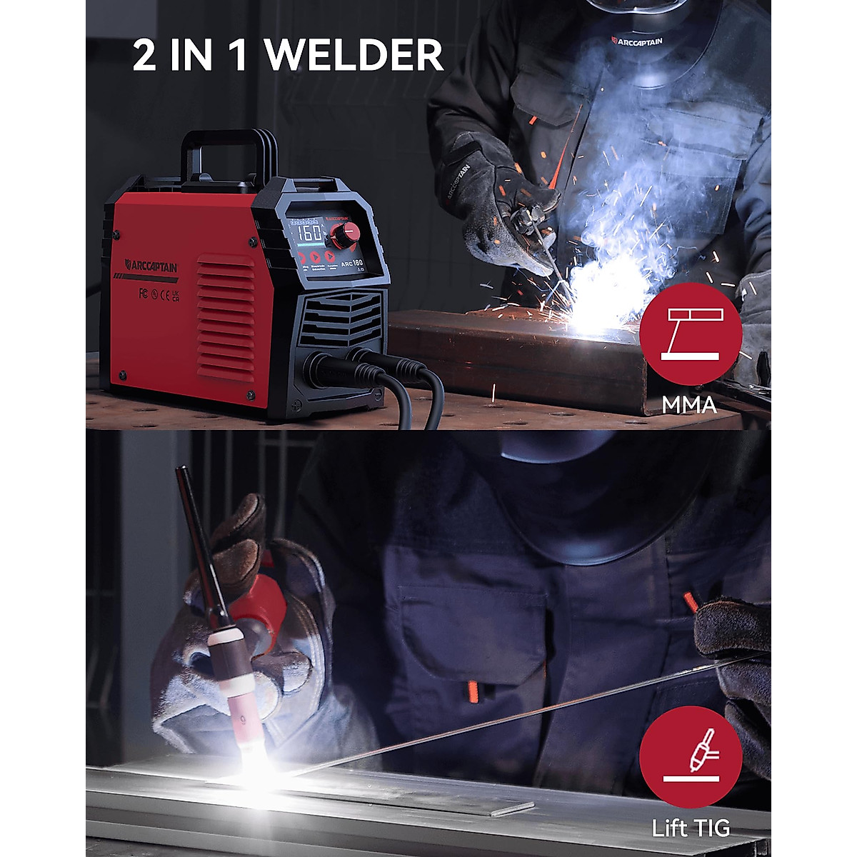 ARCCAPTAIN 110V/220V Stick Welder, [Large LED Display] 160Amp ARC Welding Machine with Synergic Control, IGBT Inverter Portable MMA Welder Machine with Lift Tig Hot Start, Arc force and Anti-Stick