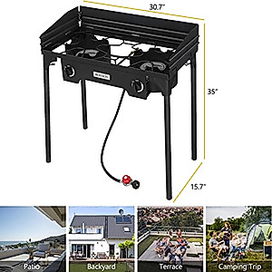 ROVSUN 2 Burner Outdoor Propane Gas Stove with Windscreen, 150,000 BTU High Pressure Stand Cooker for Backyard Cooking Camping Home Brewing Canning Turkey Frying, 20 PSI Regulator