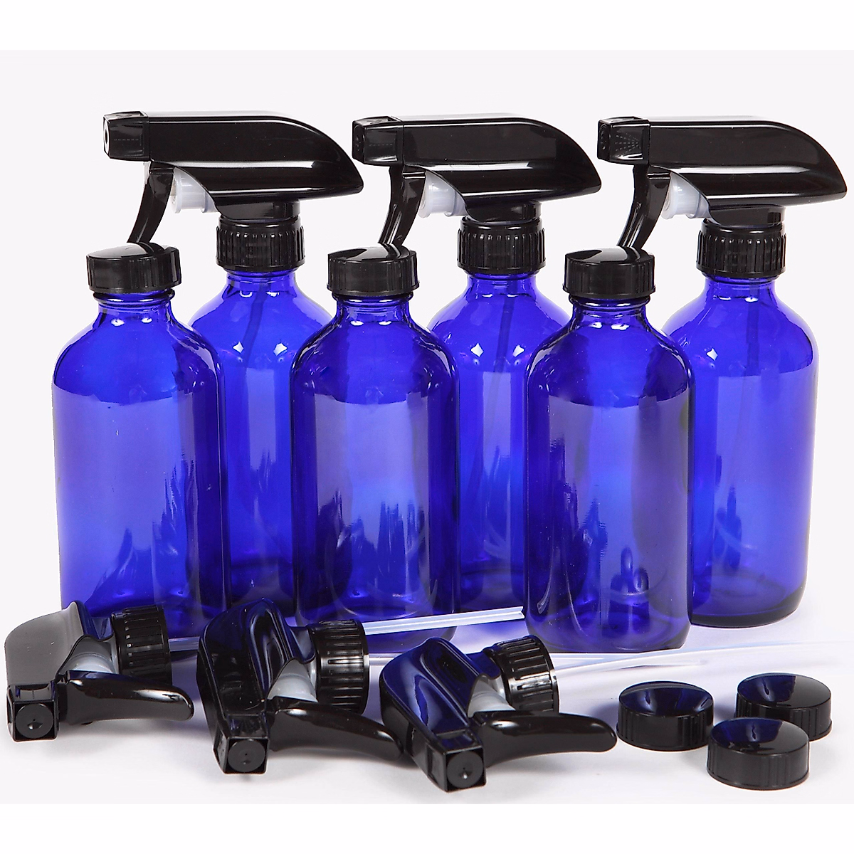 Vivaplex, 6, Large, 8 oz, Empty, Cobalt Blue Glass Spray Bottles with Black Trigger Sprayers and Lids