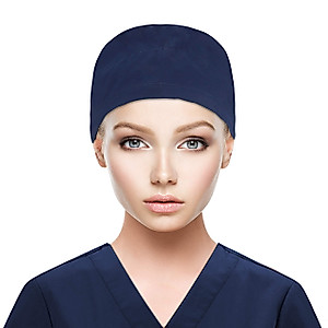 QBA Adjustable Working Cap with Button, Cotton Working Hat Sweatband, Elastic Bandage Tie Back Hats for Women & Men, One Size (Navy PT)