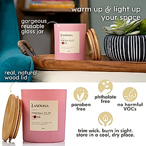 Anovina Soy Blend Rose Scented Candle with Gift Box. Non Toxic Candles for Home Rose Candle Gifts for Women, Glass Jar with Bamboo Lid. Smell The Freshly Cut Roses