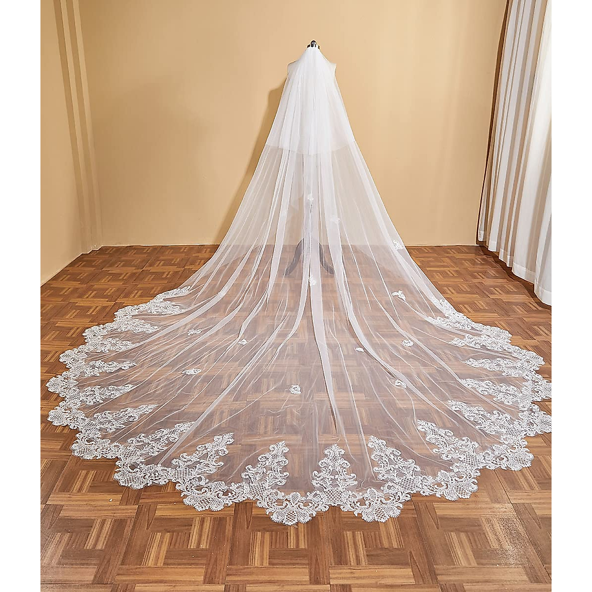 EllieWely Long Cathedral Length 2 Tier Sequin Lace Wedding Bridal Veil F09 3 M Ivory
