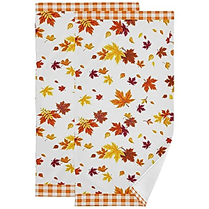 Pfrewn Fall Autumn Maple Leaves Hand Towels for Bathroom Set of 2 Orange Plaid Check Tartan Kitchen Dish Hanging Towel Absorbent Soft Thanksgiving Day Decor, 16x30 in
