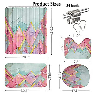 HOMAEUPIN 4 Pcs Gold Colorful Geometry Marble Shower Curtain Sets Watercolor Light Luxury Non-Slip Rugs Toilet Lid Cover U-Shaped Mat Modern Bathroom Accessory Sets 24 Hooks Red