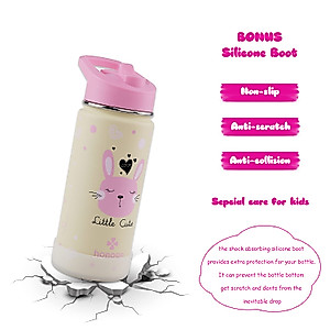 honogo 16 oz Stainless Steel Insulated Kids Water Bottle, Leak Proof Metal Thermos Flask with Straw lid, Cute Toddler Tumbler Cup for School Girls & Boys (Pink, Bunny)